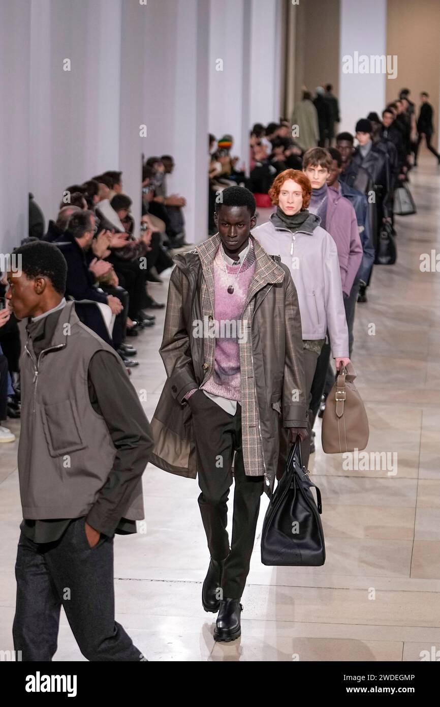 Models wear creations for Hermes as part of the Menswear ready-to-wear ...