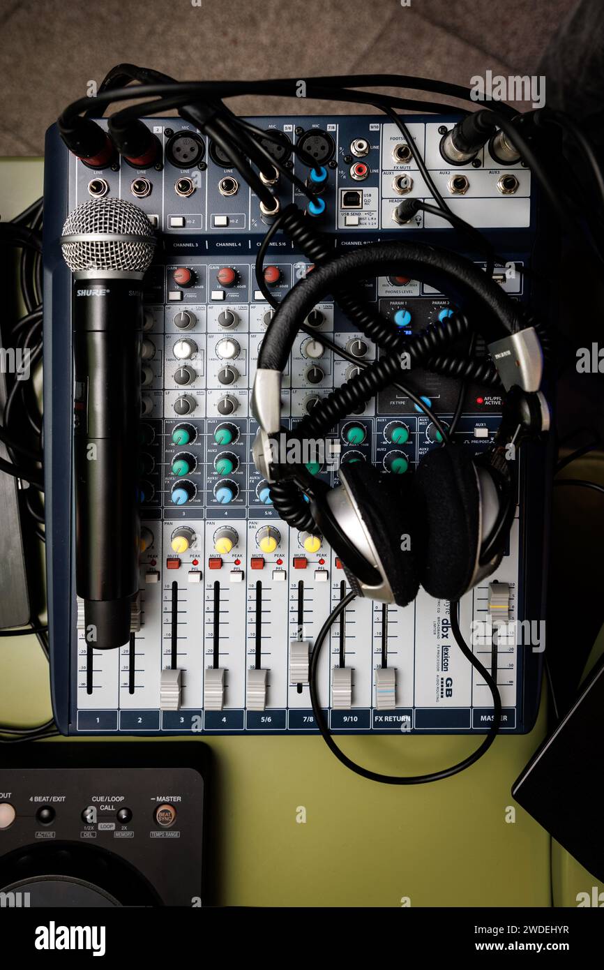 Professional audio mixing console with a microphone and headphones ...