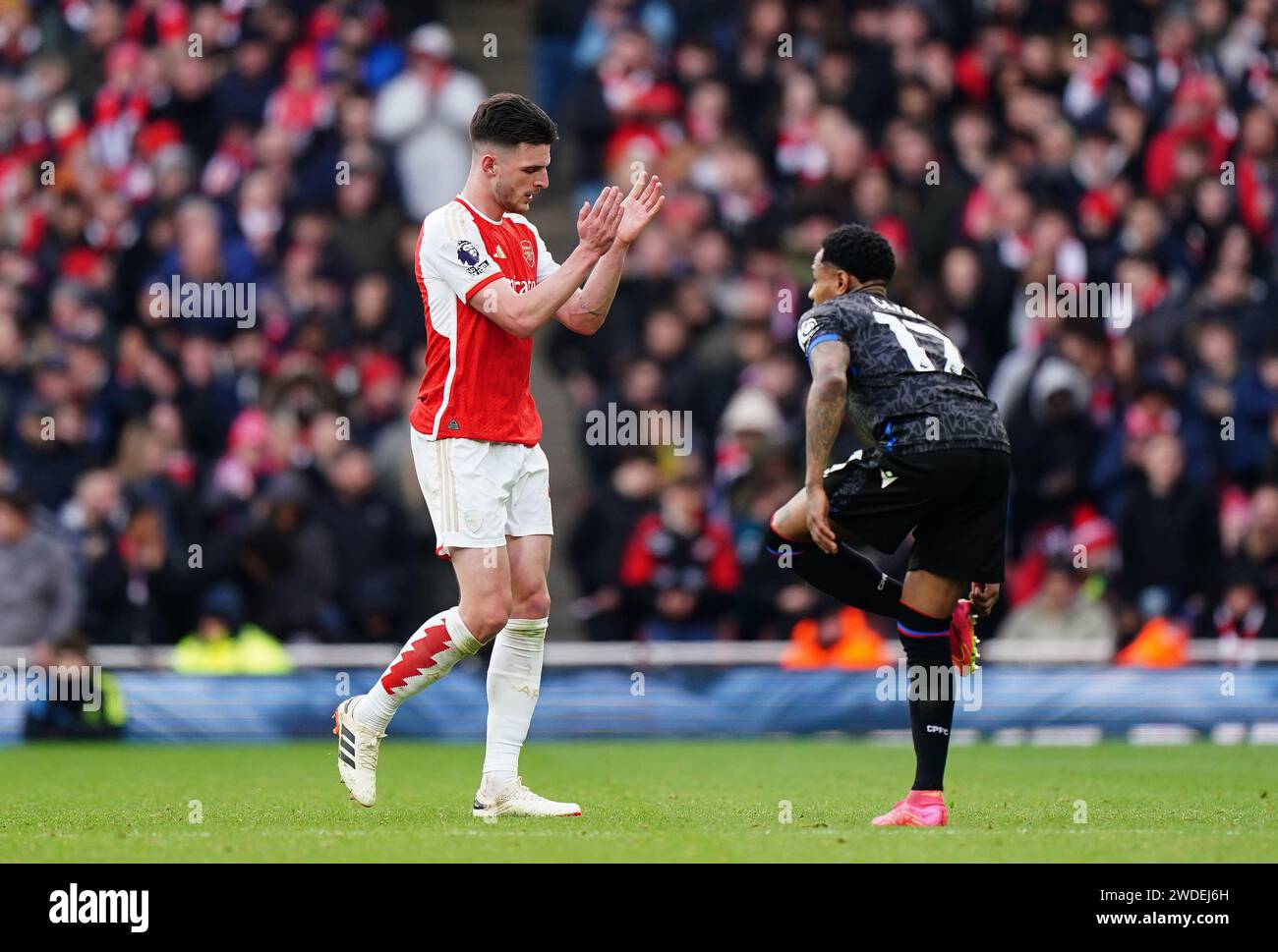 Arsenal's Declan Rice leaves the game with a possible injury during the ...