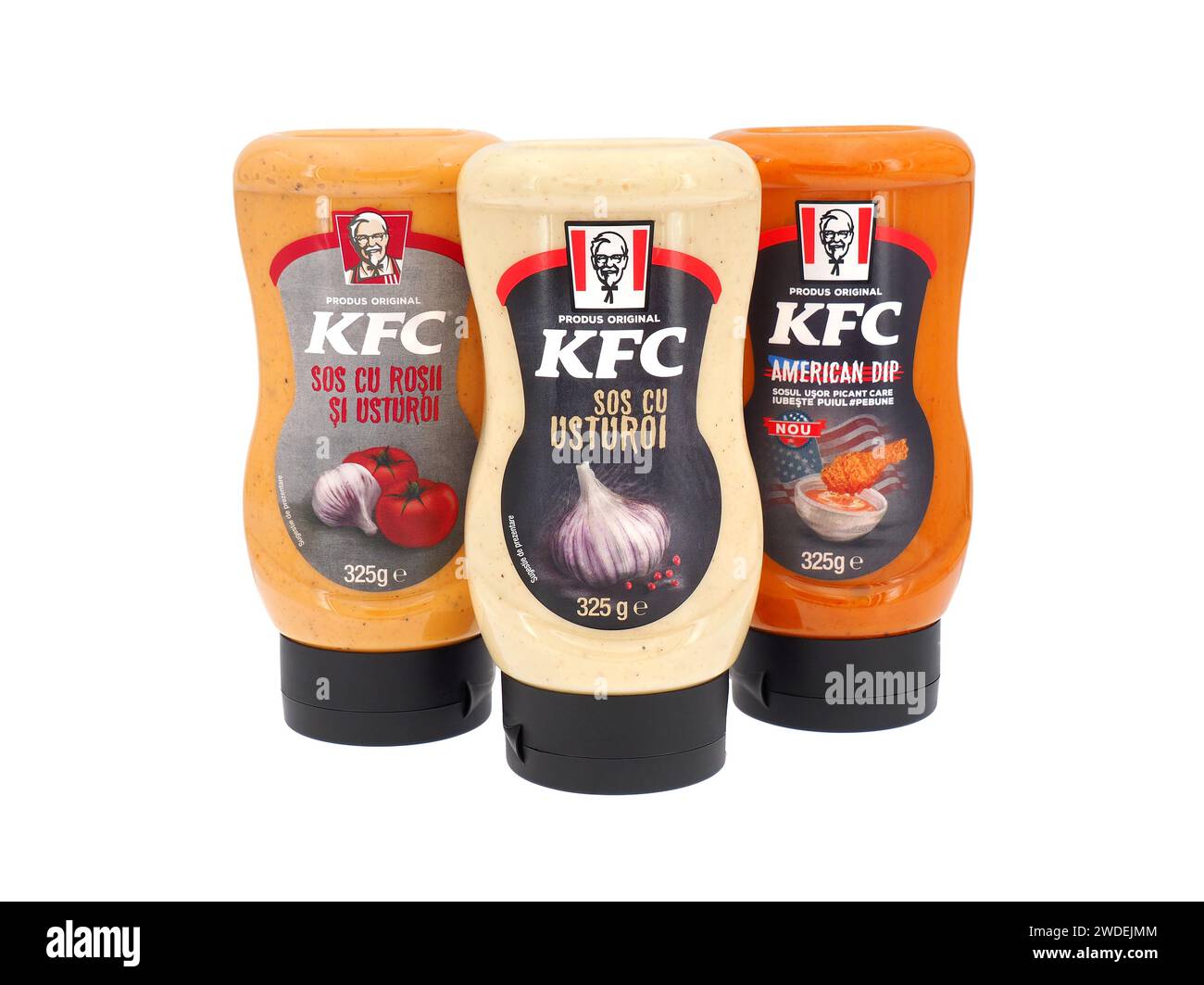 ROME, ITALY - NOVEMBER 7, 2023. Plastic bottles of KFC sauces isolated ...