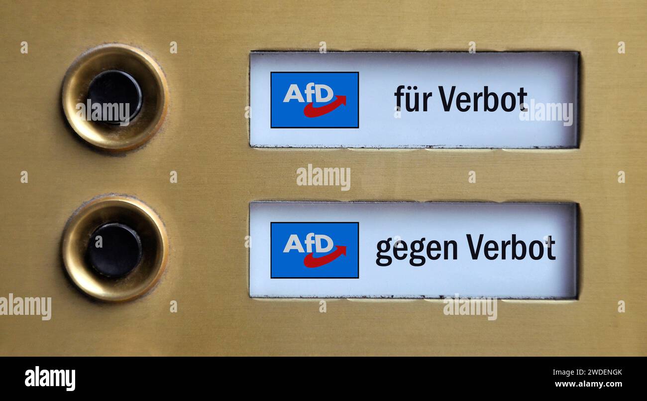 Klingelschilder mit AfD-Logo sowie für Verbot und gegen Verbot ...
