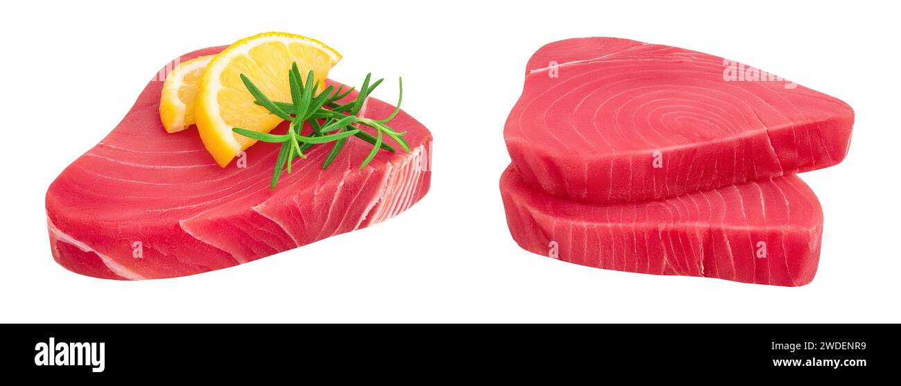 Fresh tuna fish fillet steak with rosemary and lemon isolated on white ...