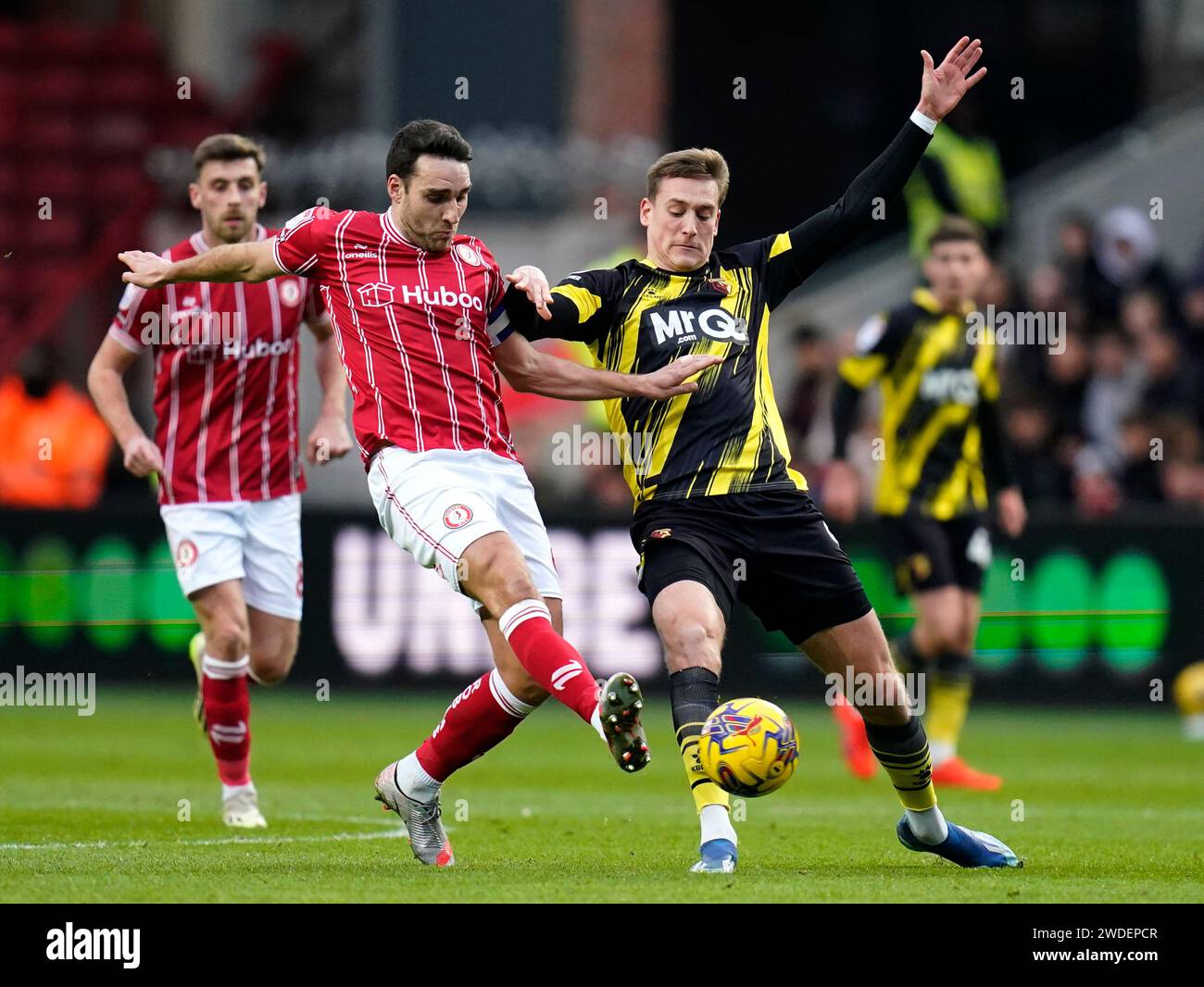 Bristol City's Matty James (left) and Watford's Mileta Rajovic battle ...