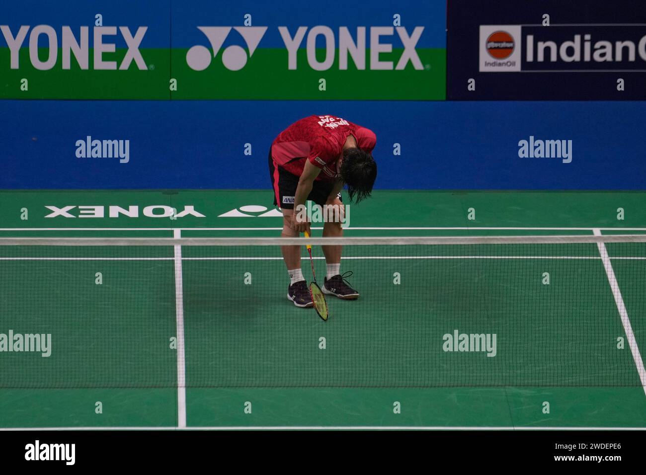 Japan's Kodai Naraoka reacts after losing a point as he competes ...