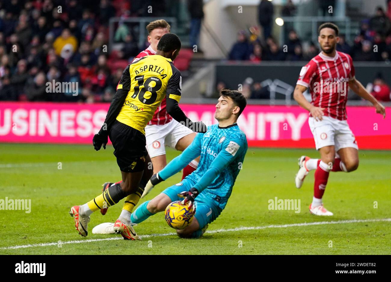 Bristol City goalkeeper Max O'Leary saves at the feet of Watford's ...