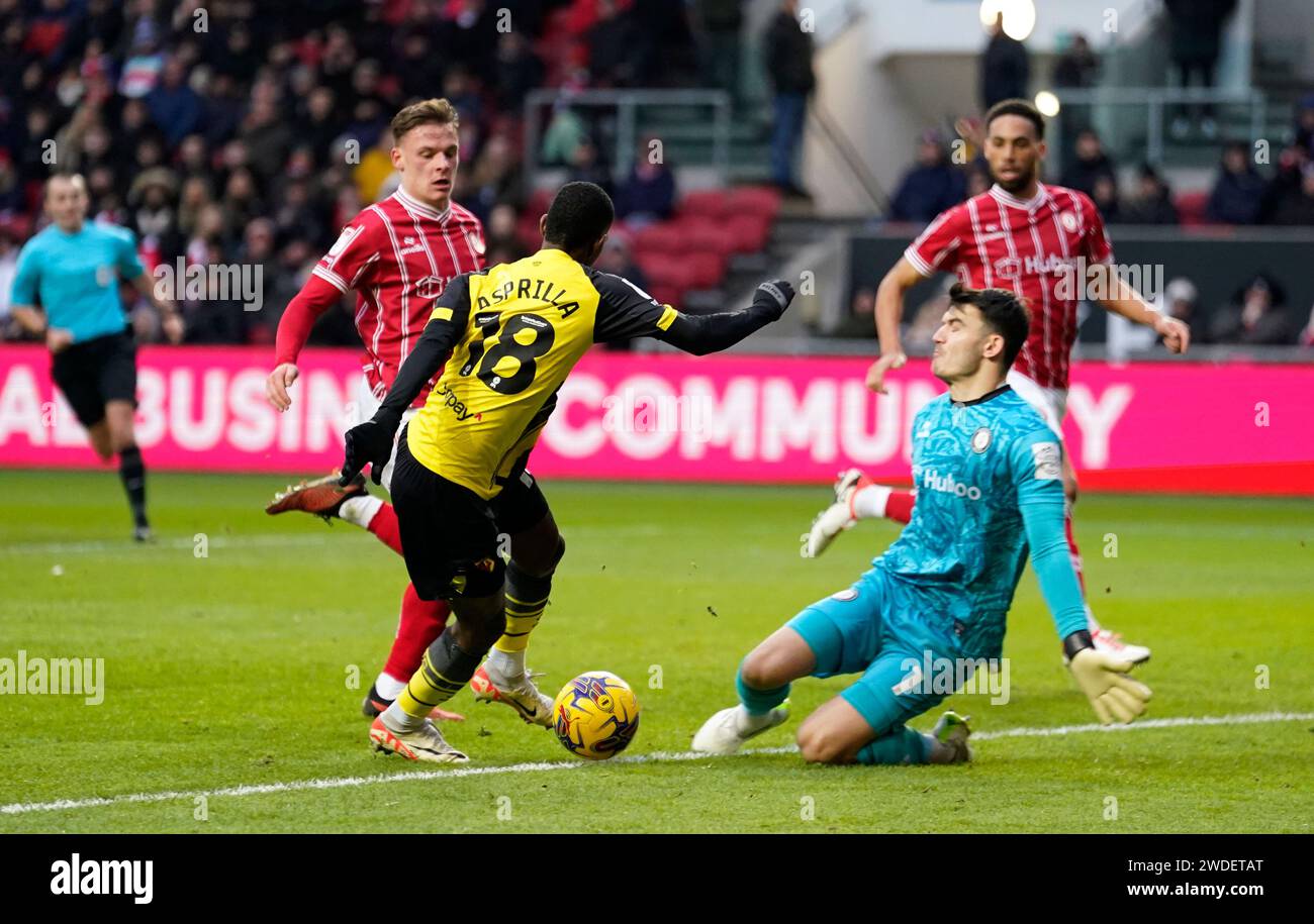 Bristol City goalkeeper Max O'Leary saves at the feet of Watford's ...