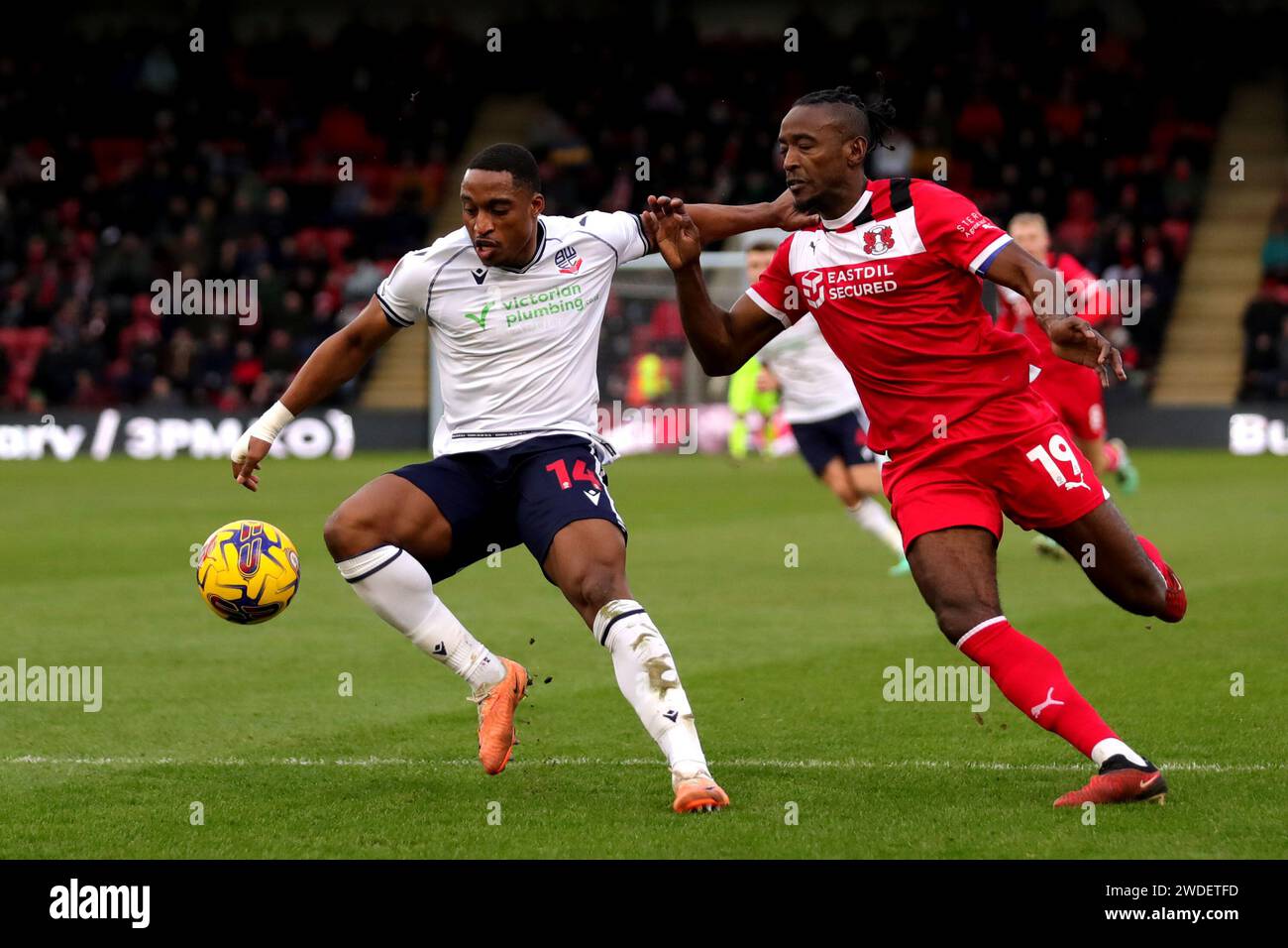 Bolton's Victor Adeboyejo (left) with Leyton Orient’s Omar Beckles ...