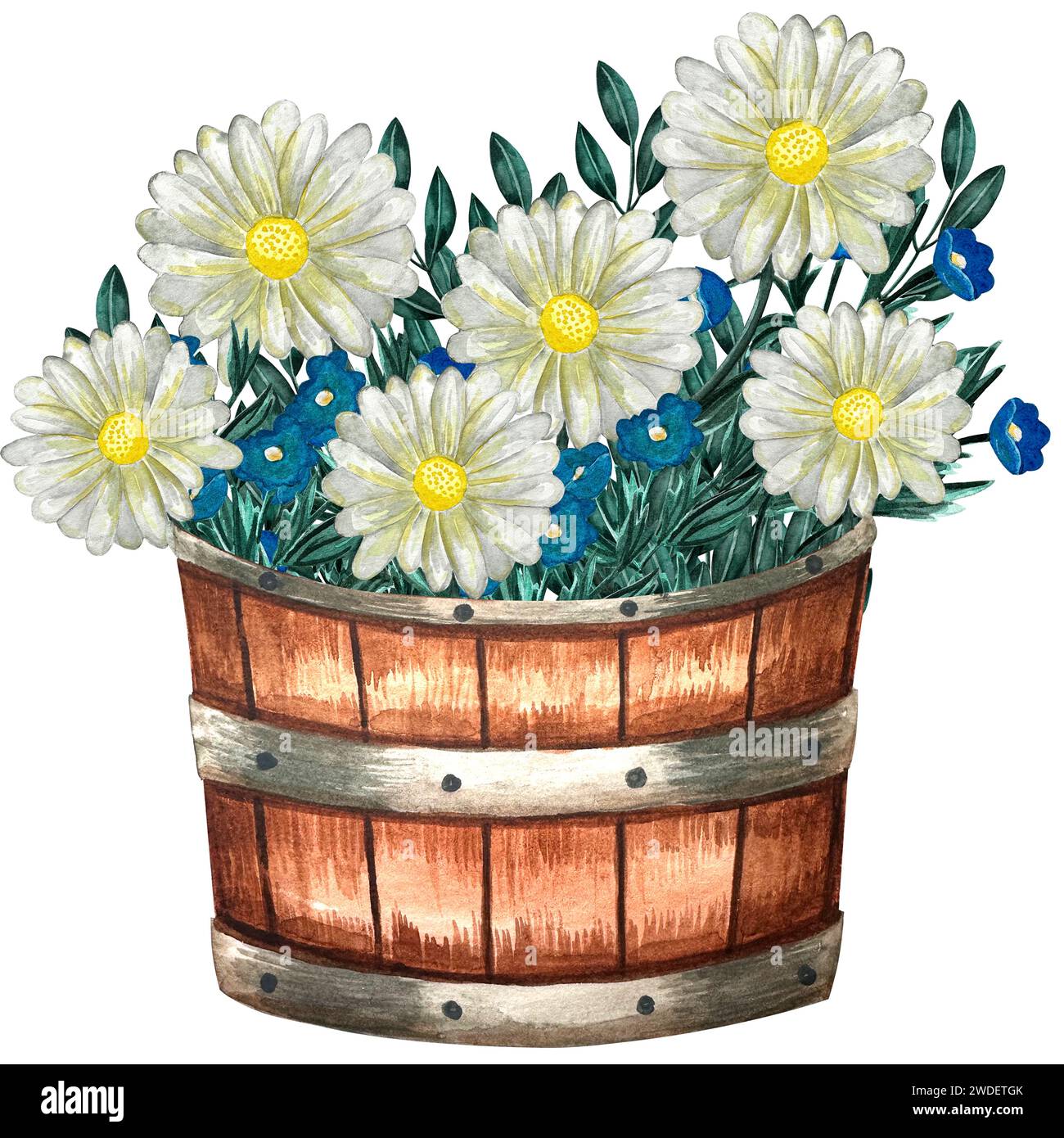 Watercolor easter wooden bucket with bow decorated eggs illustration ...