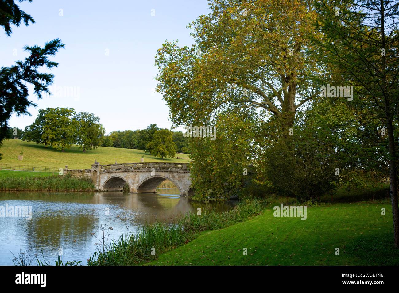 A view of the bridge, ornamental lake and grounds designed by ...