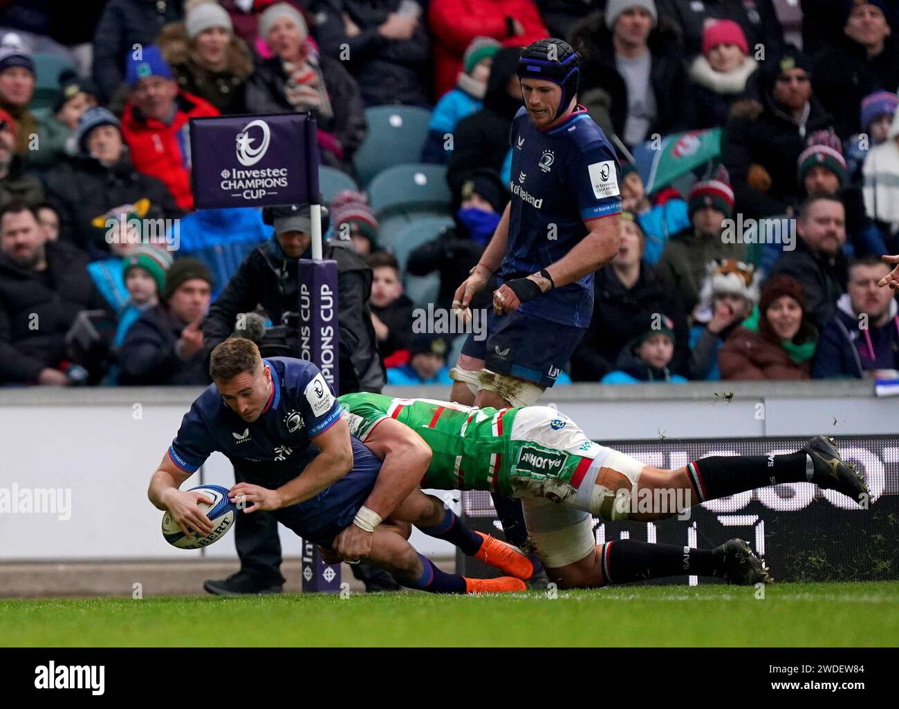 Leinster Rugby's Jordan Larmour scores their side's second try of the ...