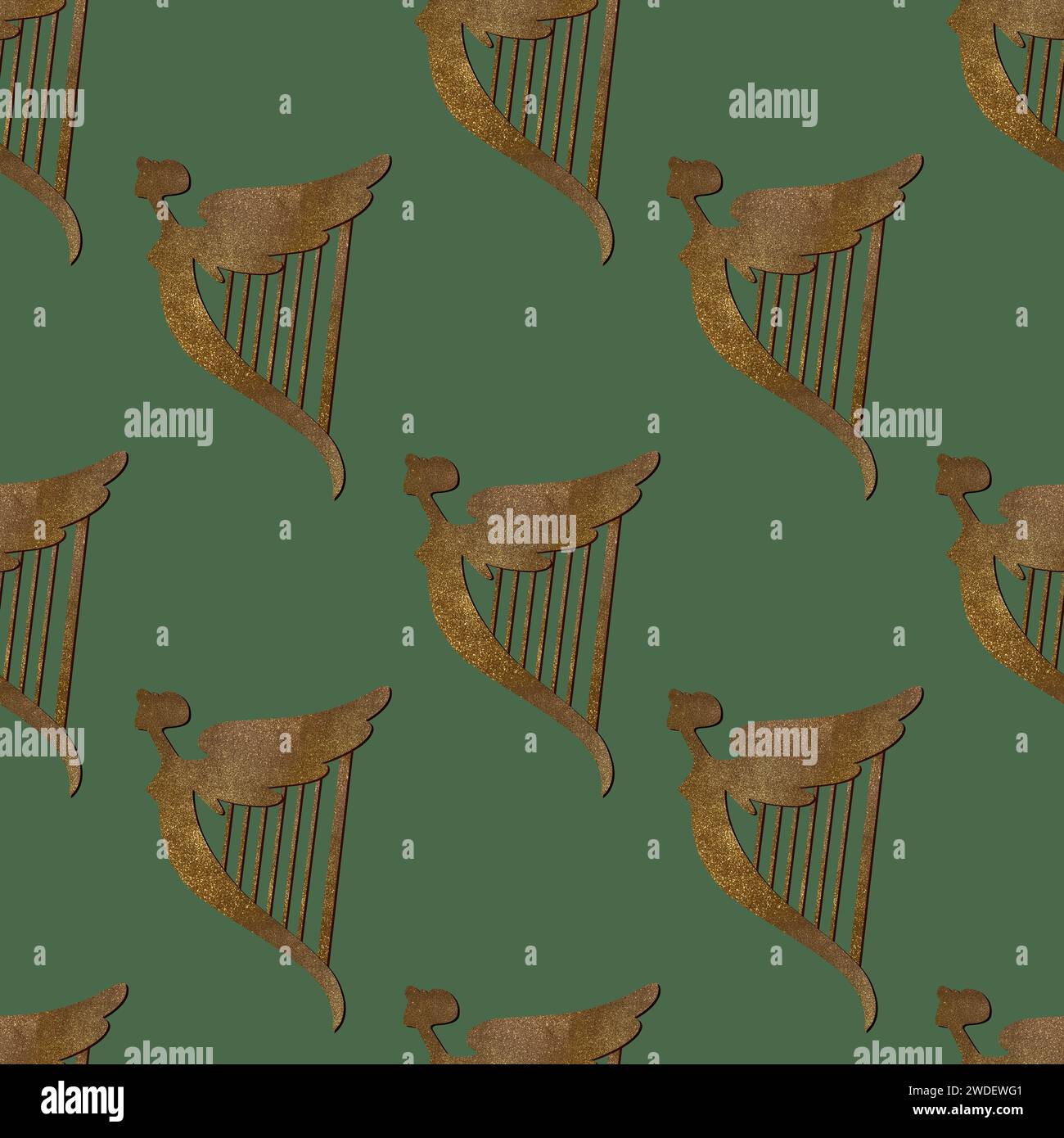 Golden Celtic harp with a female silhouette. Seamless pattern with ...