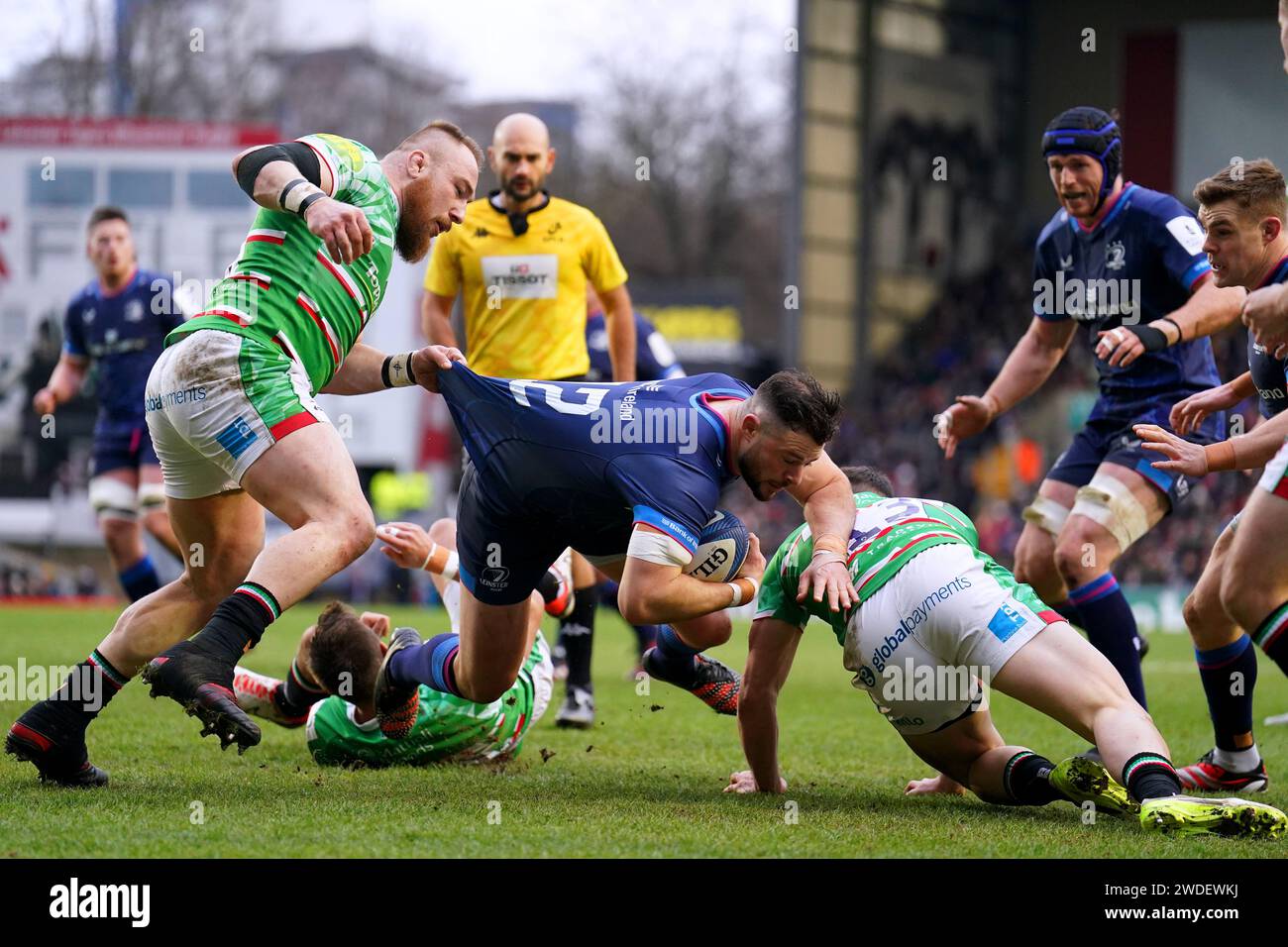 Leinster Rugby's Robbie Henshaw is held up by Leicester Tigers' Joe ...