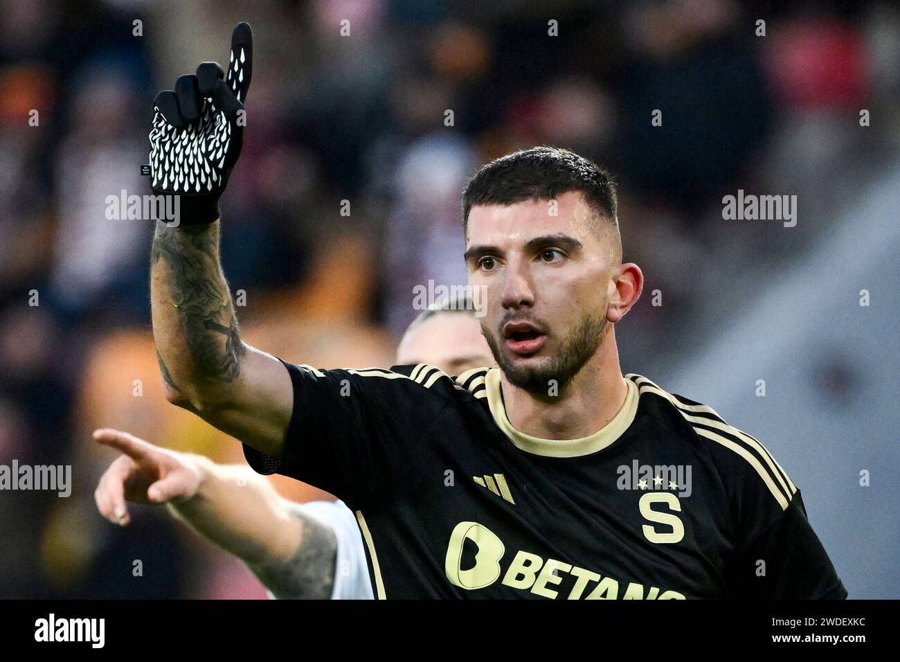 Prague, Czech Republic. 20th Jan, 2024. Indrit Tuci (Sparta) gestures ...