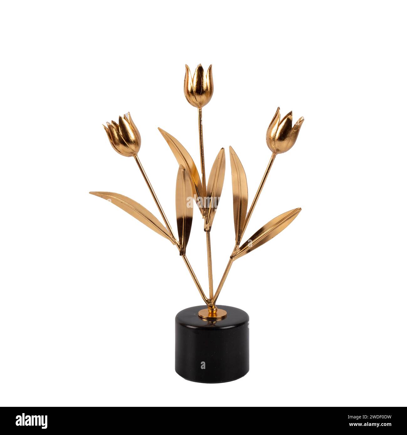 luxury decorative golden flowers figure on black marble stand isolated ...
