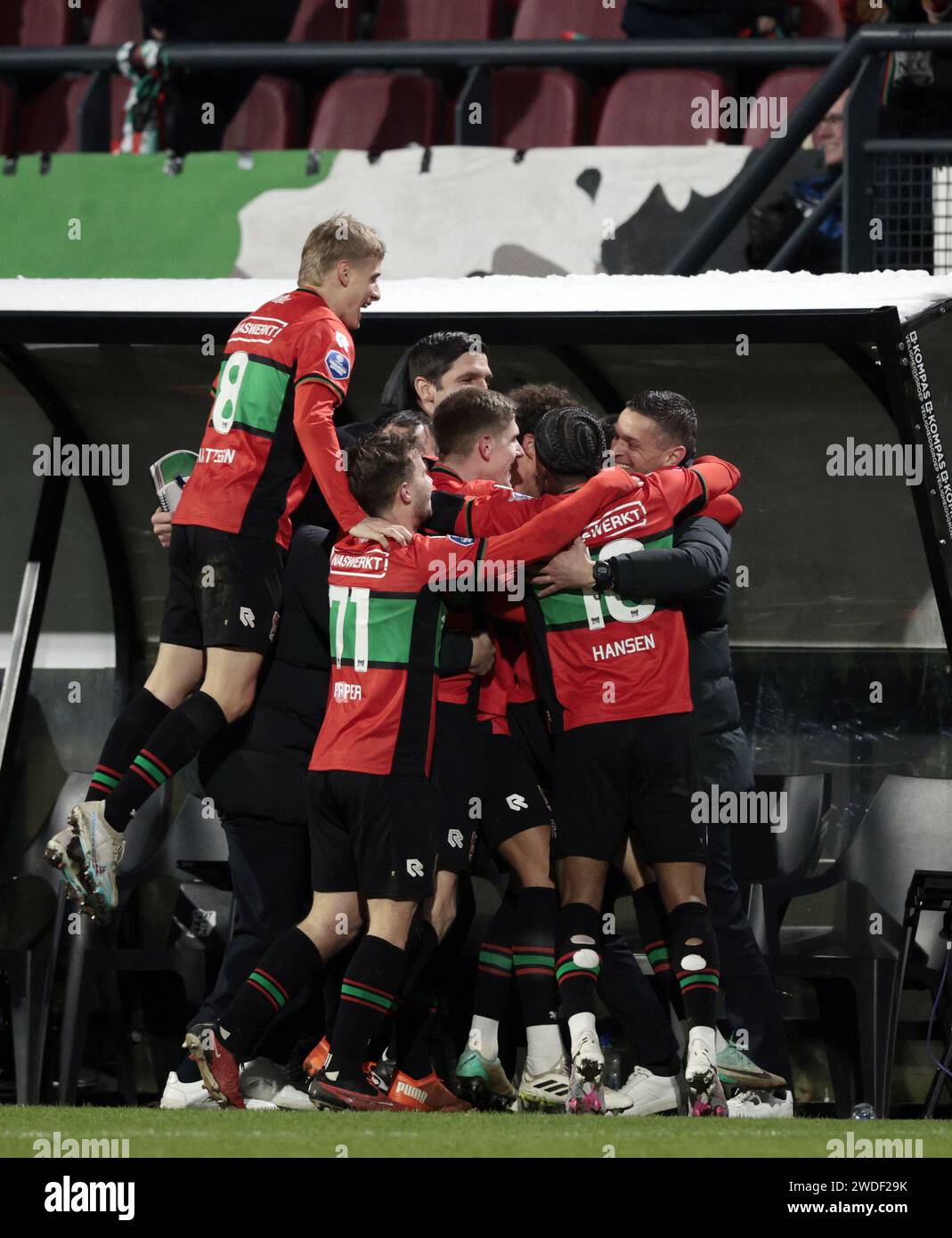 NIJMEGEN - NEC players and NEC Nijmegen coach Rogier Meijer celebrate the 1-0 against Calvin ...