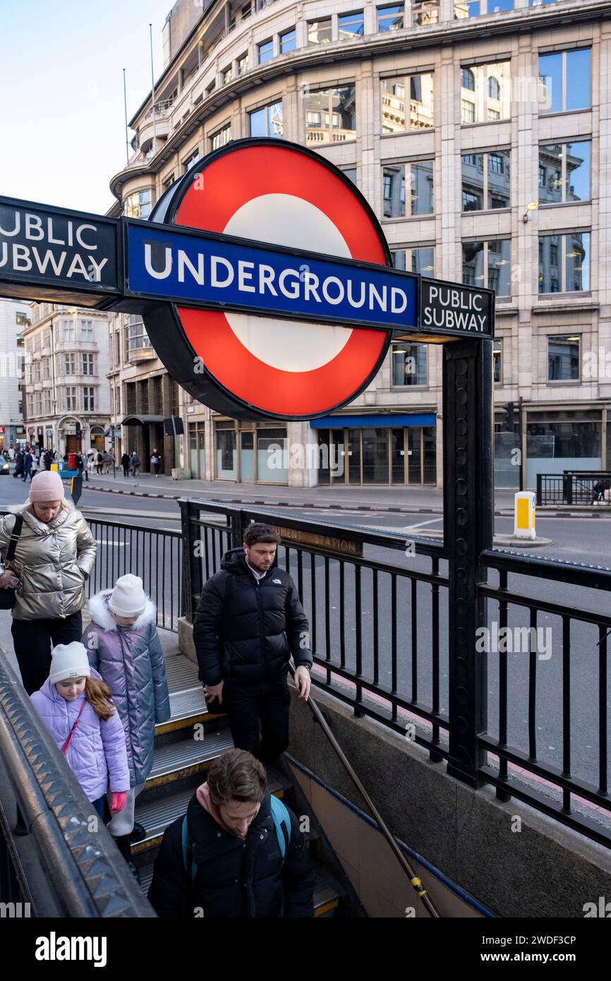 London Underground roundel sign at Monument station on 18th January ...