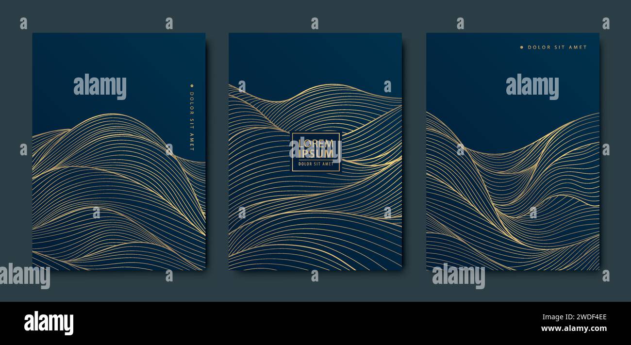 Vector set of gold pattern backgrounds, wave design curve templates ...