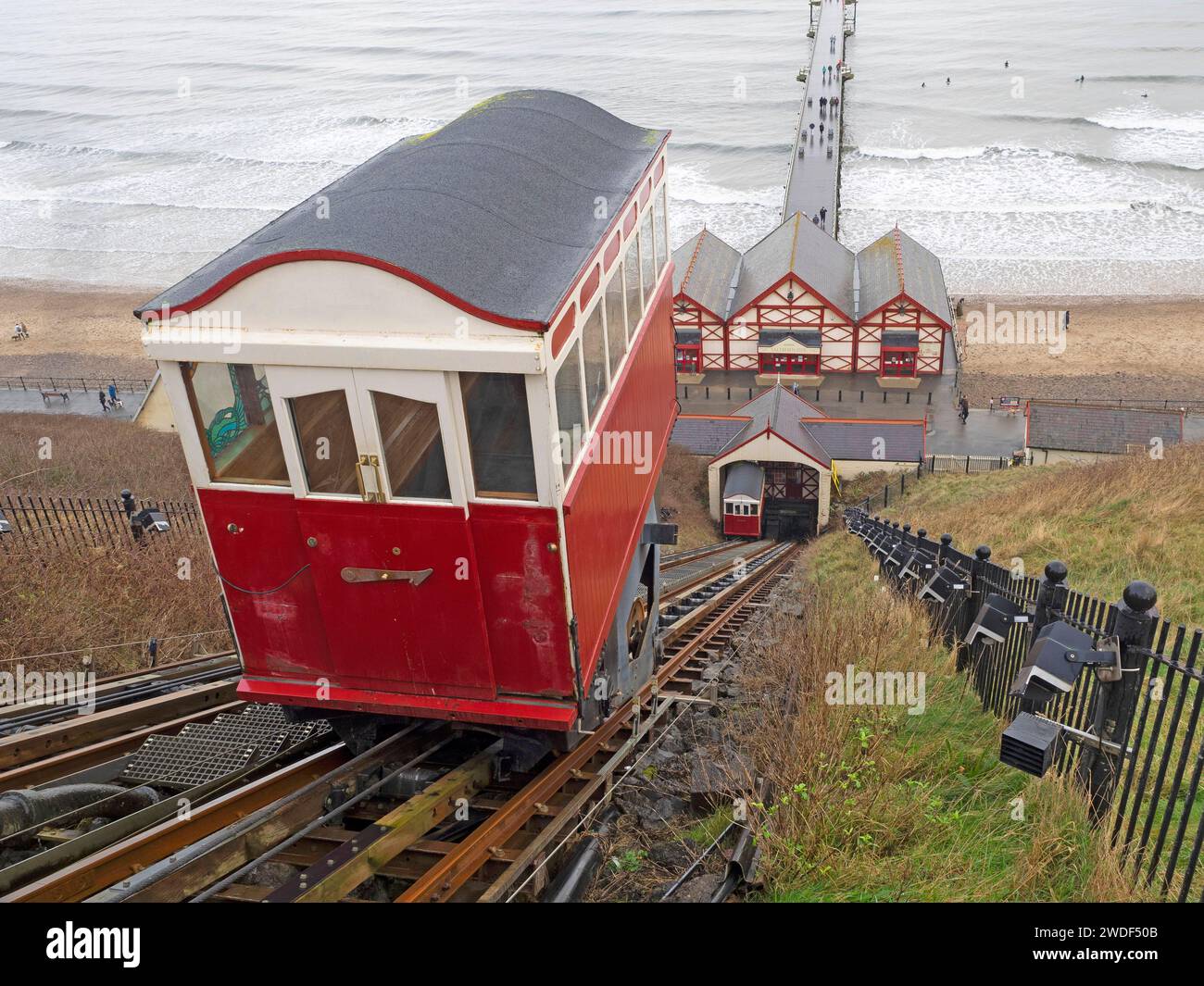Saltburn Cliff Tramway with the near car departing from the top and ...