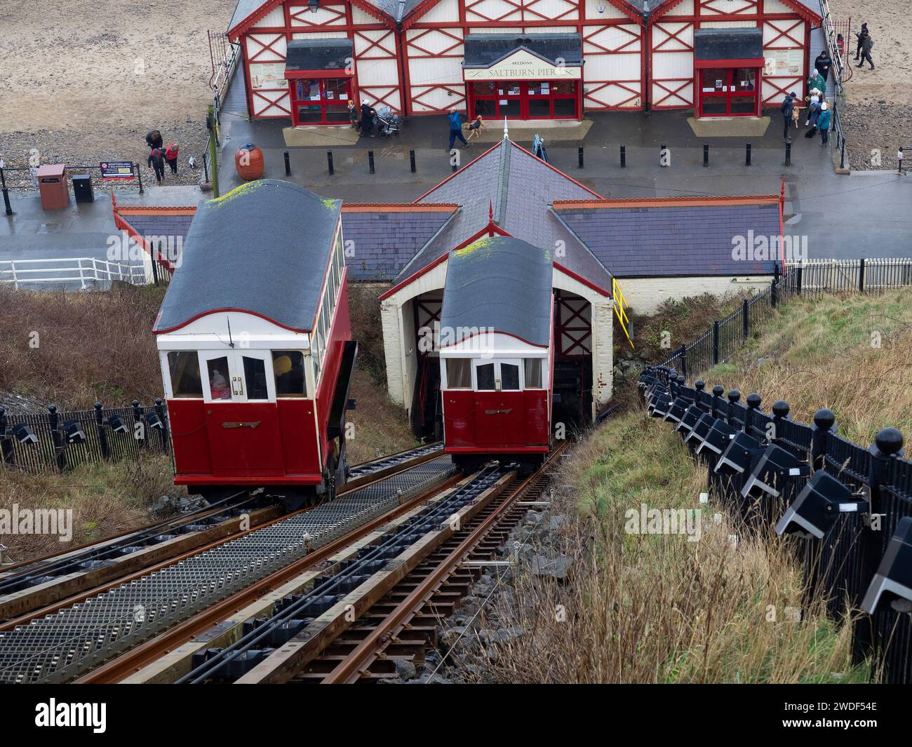 The Saltburn Cliff lift with two carriages crossing near the centre of ...