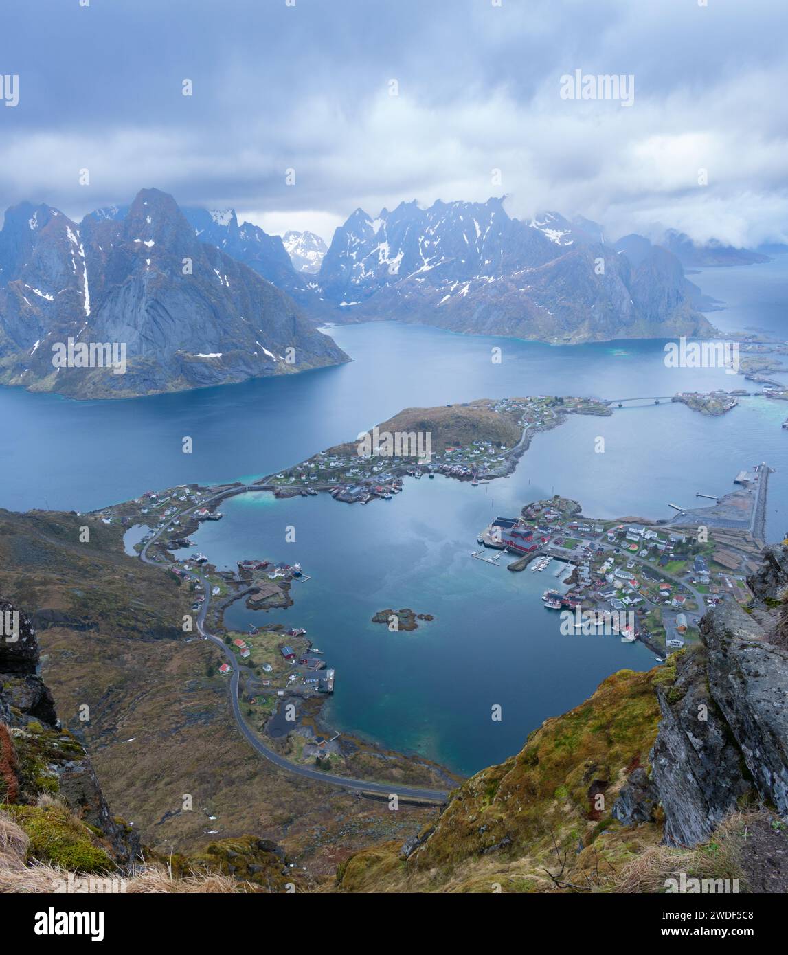 Reine, Lofoten, Norway. Arieal view of the small fishing village know ...