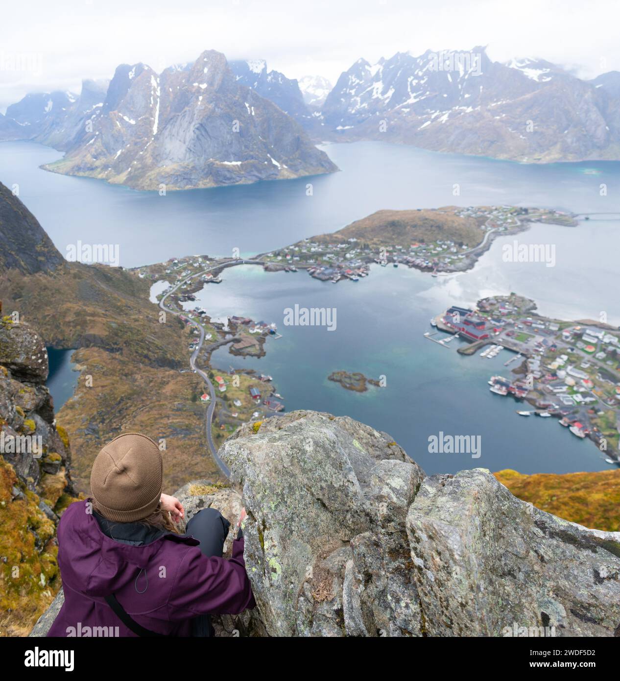 Reine, Lofoten, Norway. Arieal view of the small fishing village know ...