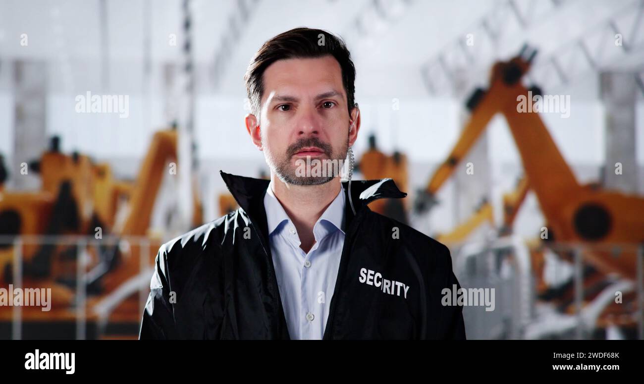 Security Guard Officer In Car Factory. Transportation Industry Stock ...