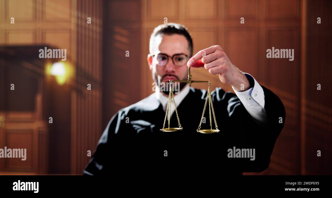 Judge In Courtroom Holding Justice Scales. Government Litigation Stock ...