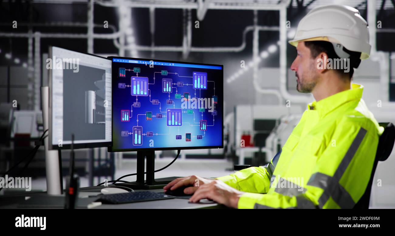 Engineer Doing 3D CAD Model Design On Computer At Factory Stock Photo ...