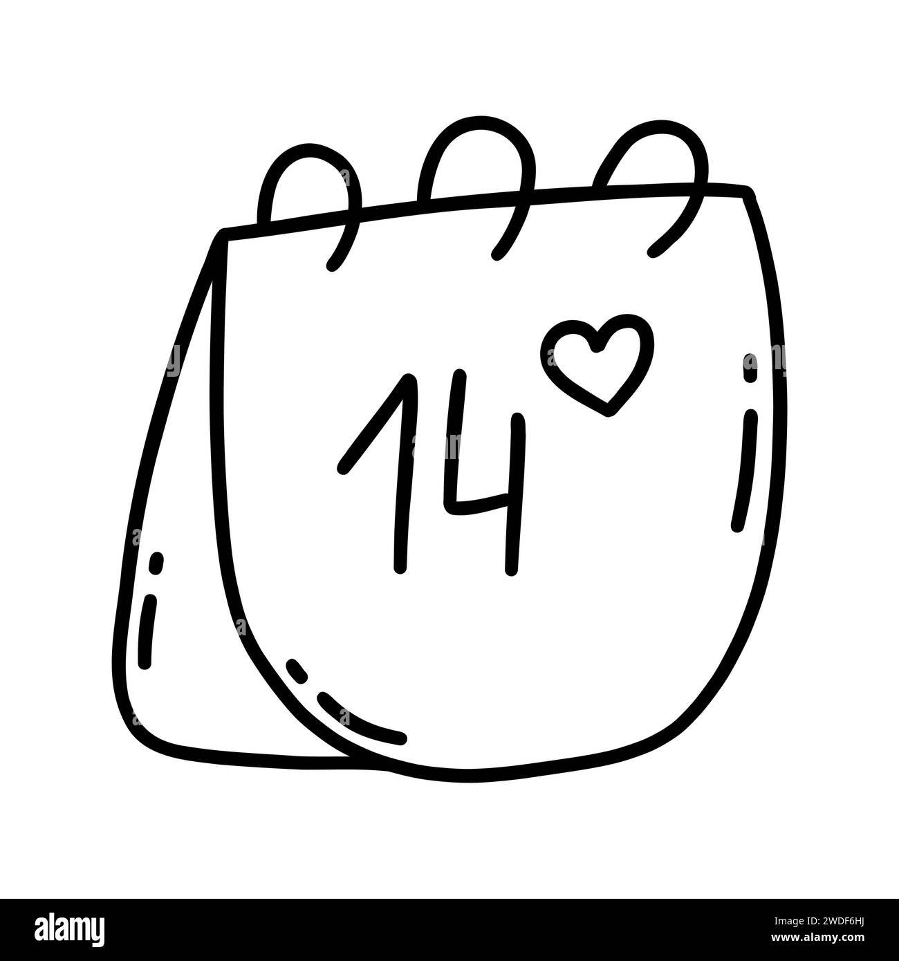 Tear-off calendar with date of February 14 and hearts. Black and white ...