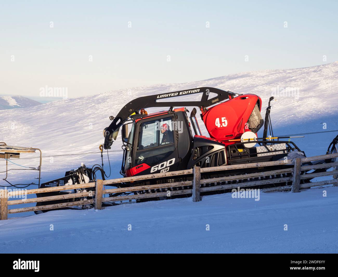 A piste basher at the ski resort on Cairgorm in the Cairngorms ...