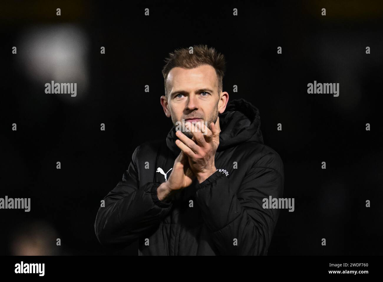Jordan Rhodes of Blackpool applauds the fans at the end of the Sky Bet ...