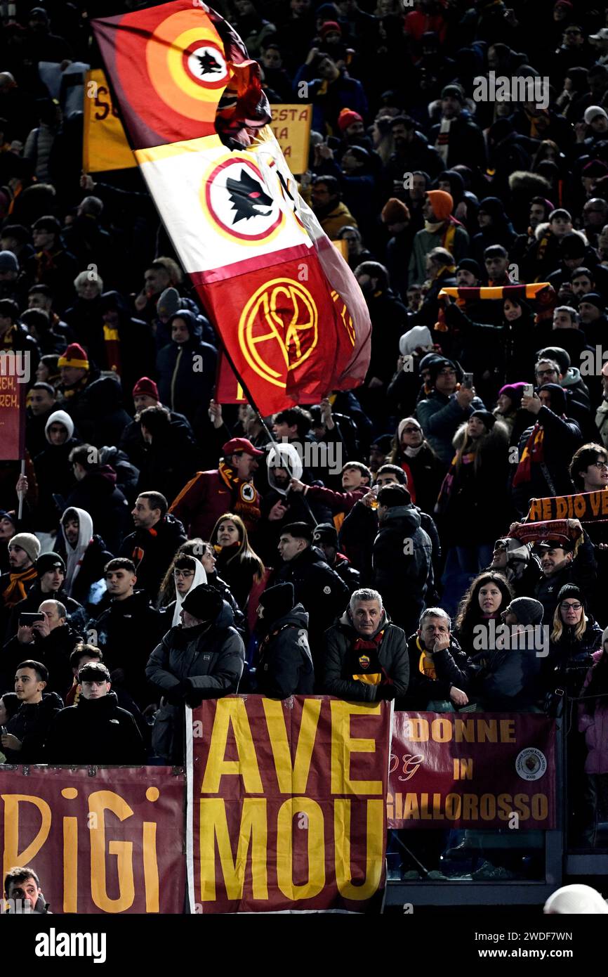 Rome, Italy. 20th Jan, 2024. AS Roma fans show a banner to support ...