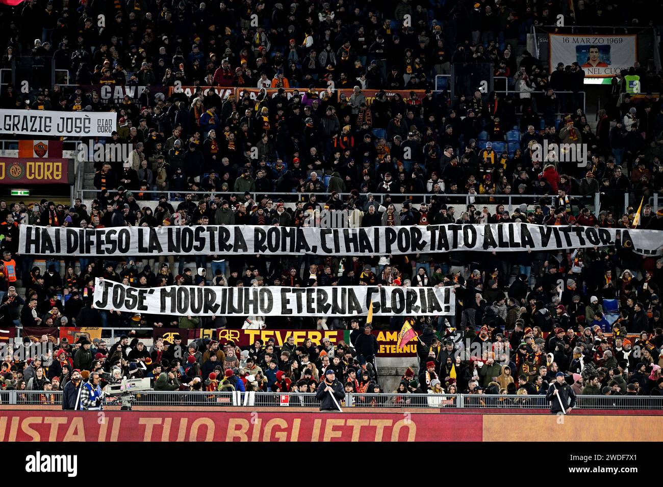 Rome, Italy. 20th Jan, 2024. AS Roma fans show a banner to support ...