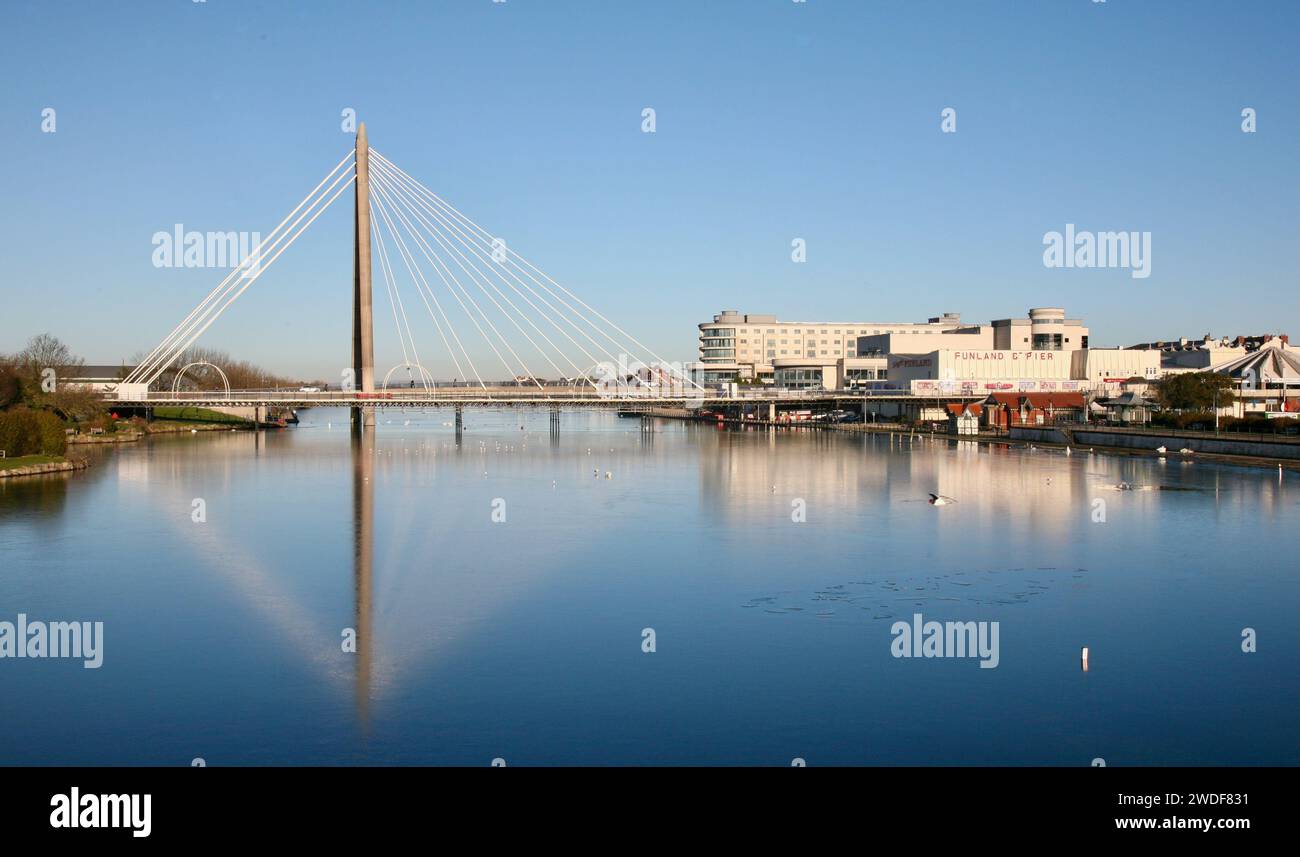 A view of the Marine Way Bridge, a cable-stayed bridge in Southport ...