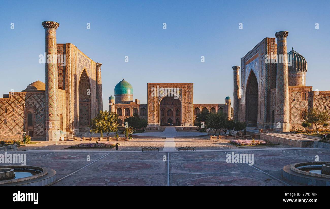 Morning light over the Registan in Samarkand, one of the oldest ...