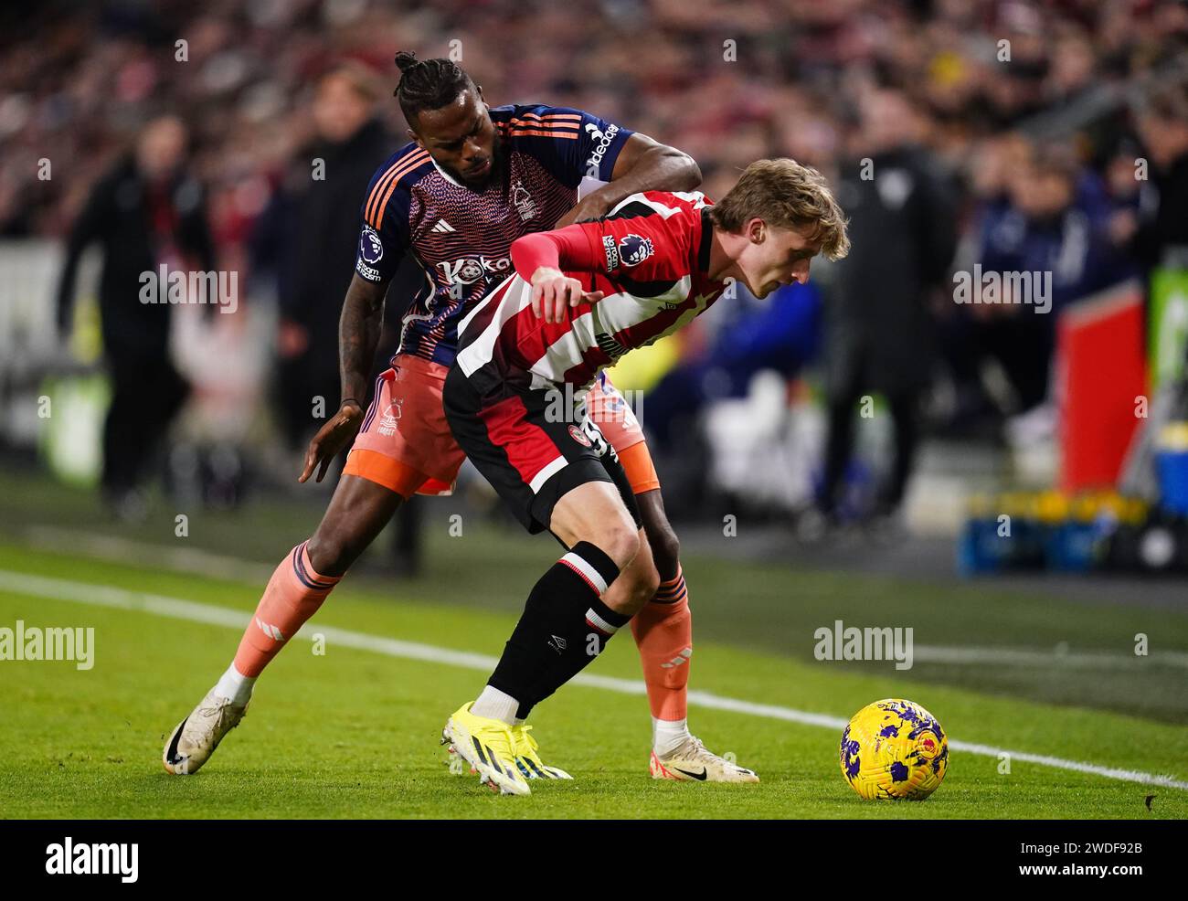 Nottingham Forest's Nuno Tavares (left) and Brentford's Mads Roerslev ...