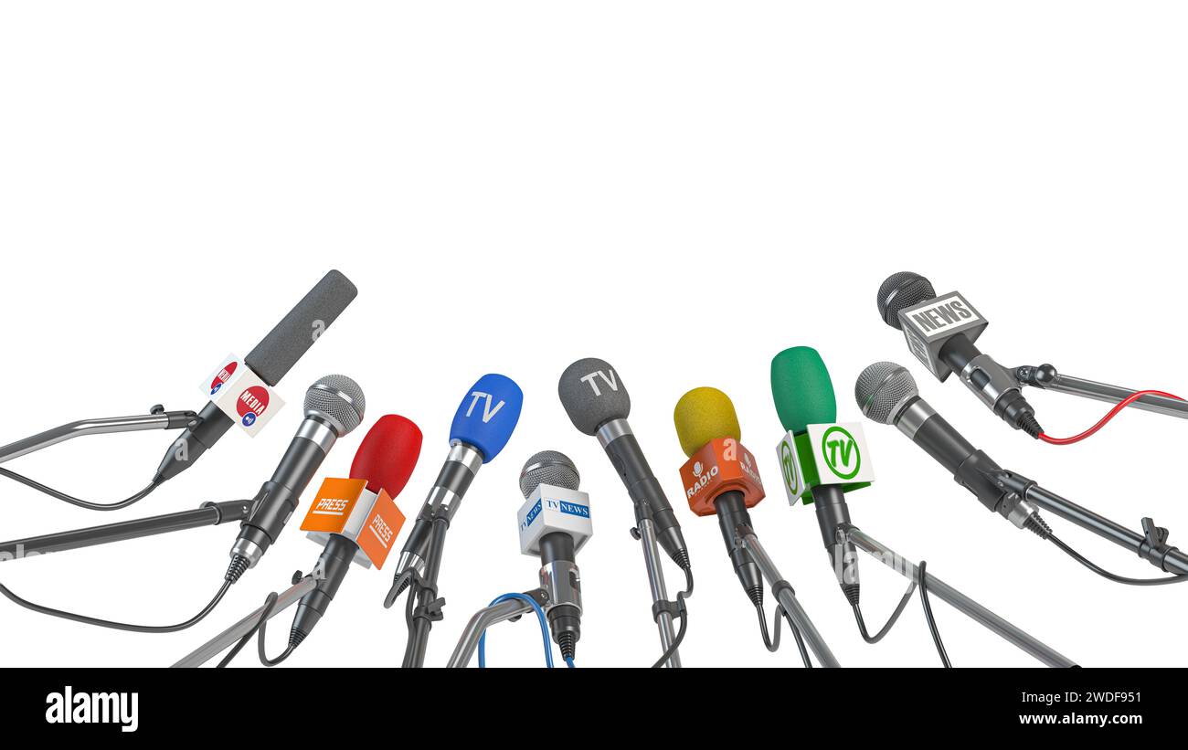 Microphones of different mass media isolated on white. Press conference ...