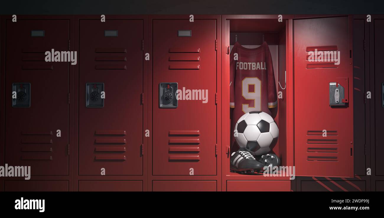 Soccer equipment football ball, t'shirt and bbots in a school locker ...