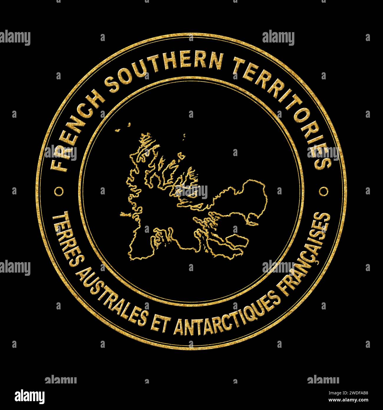 Map of French Southern Territories, Golden Stamp Black Background ...