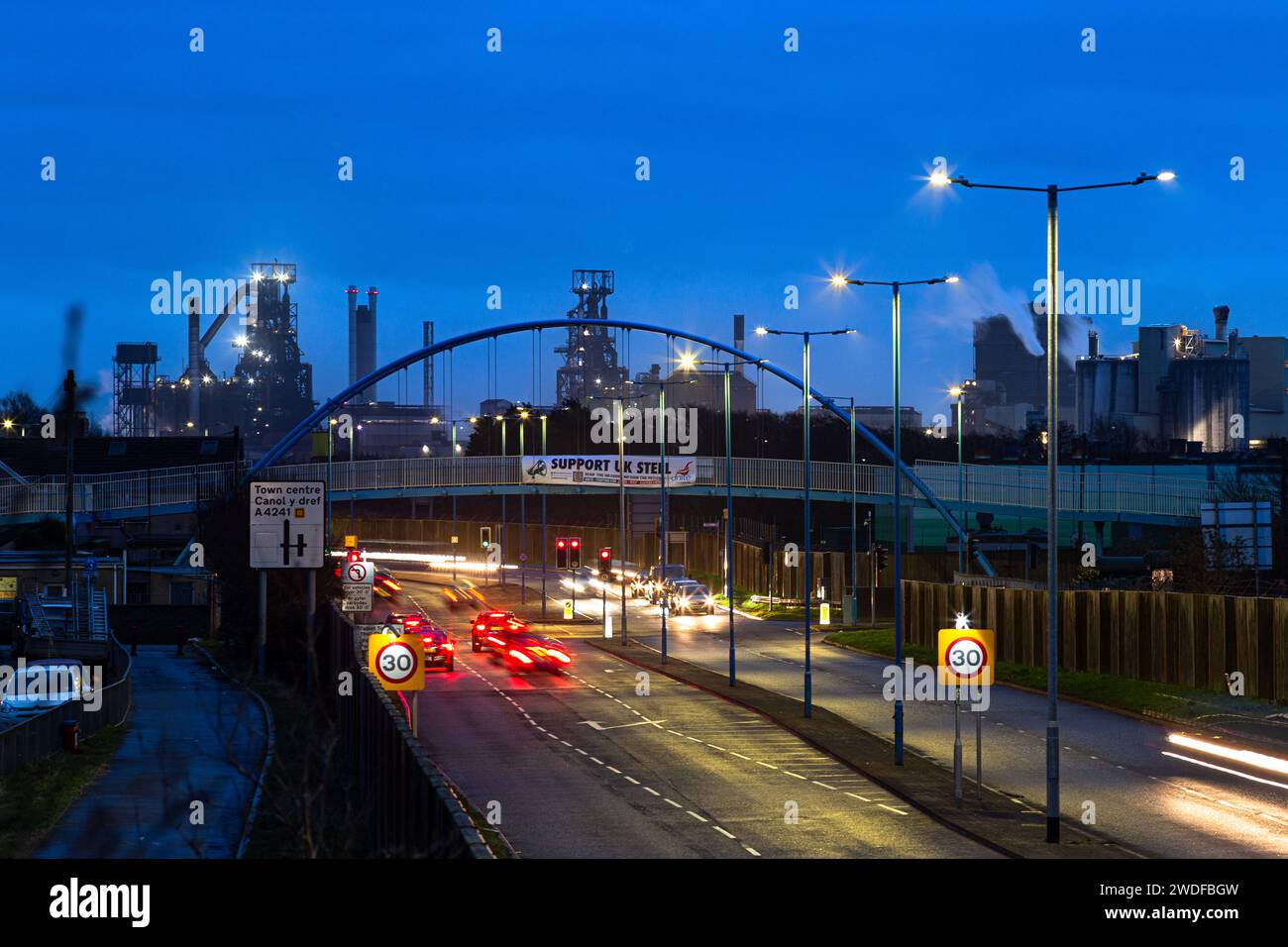 Port Talbot Steelworks at dusk, towering over the A4241 dual ...