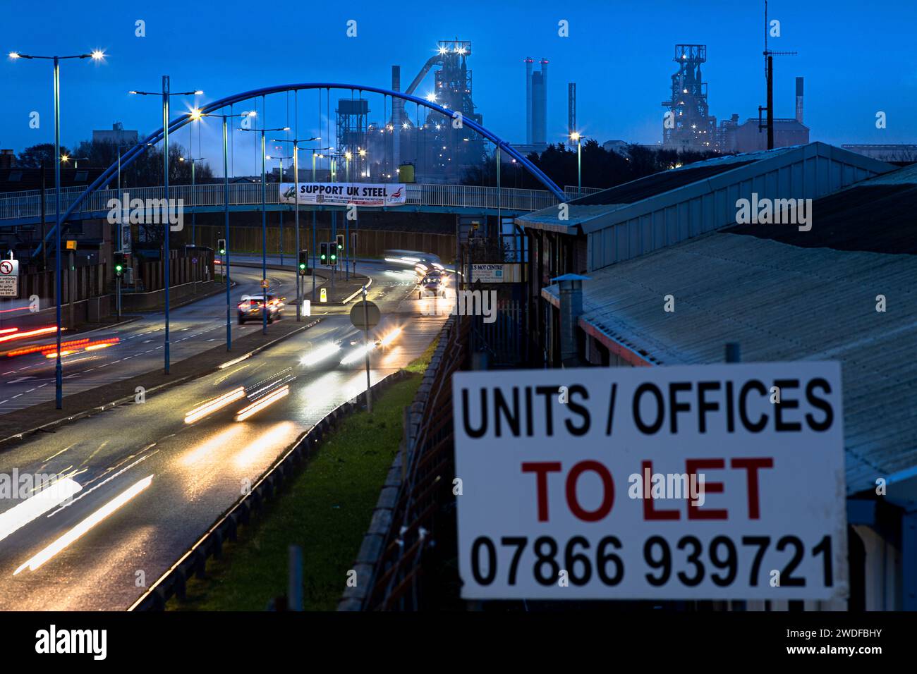 Port Talbot Steelworks at dusk, towering over the A4241 dual ...