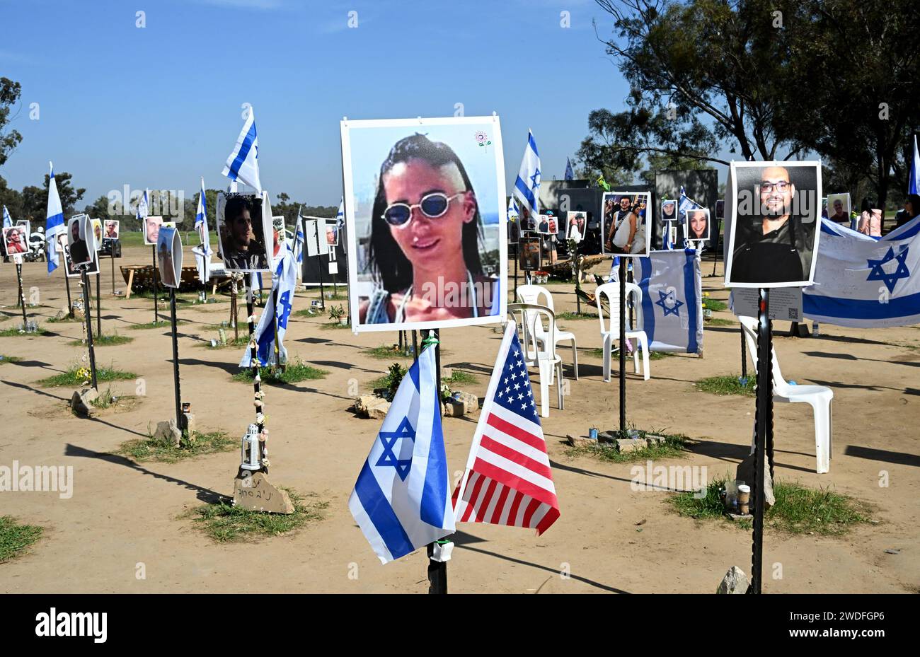 Reim, Israel. 20th Jan, 2024. Israeli and American flags hang near ...