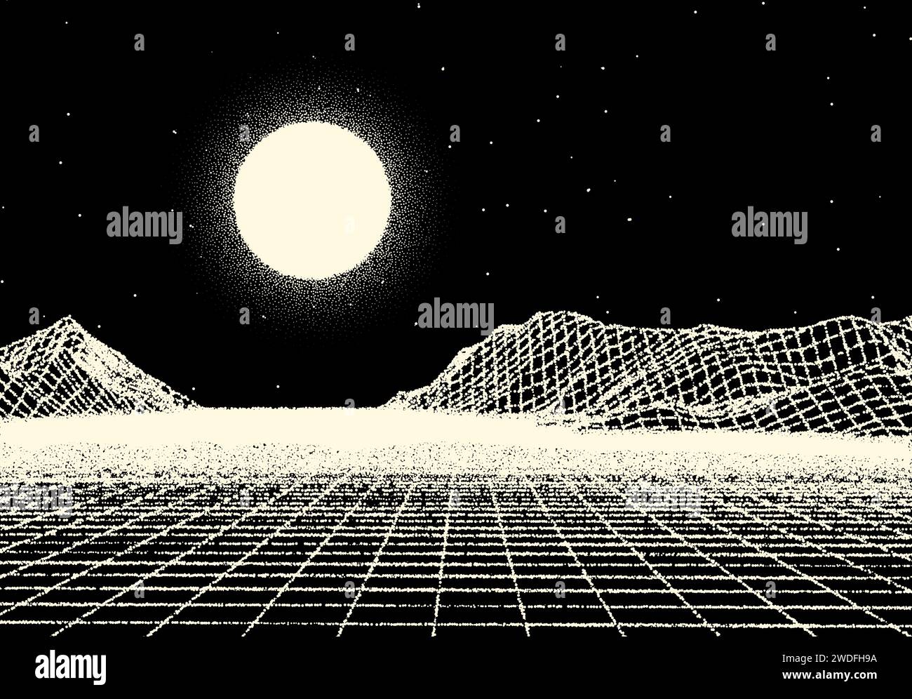 Retro dotwork landscape with 80s styled sun, grid mountains and stars ...