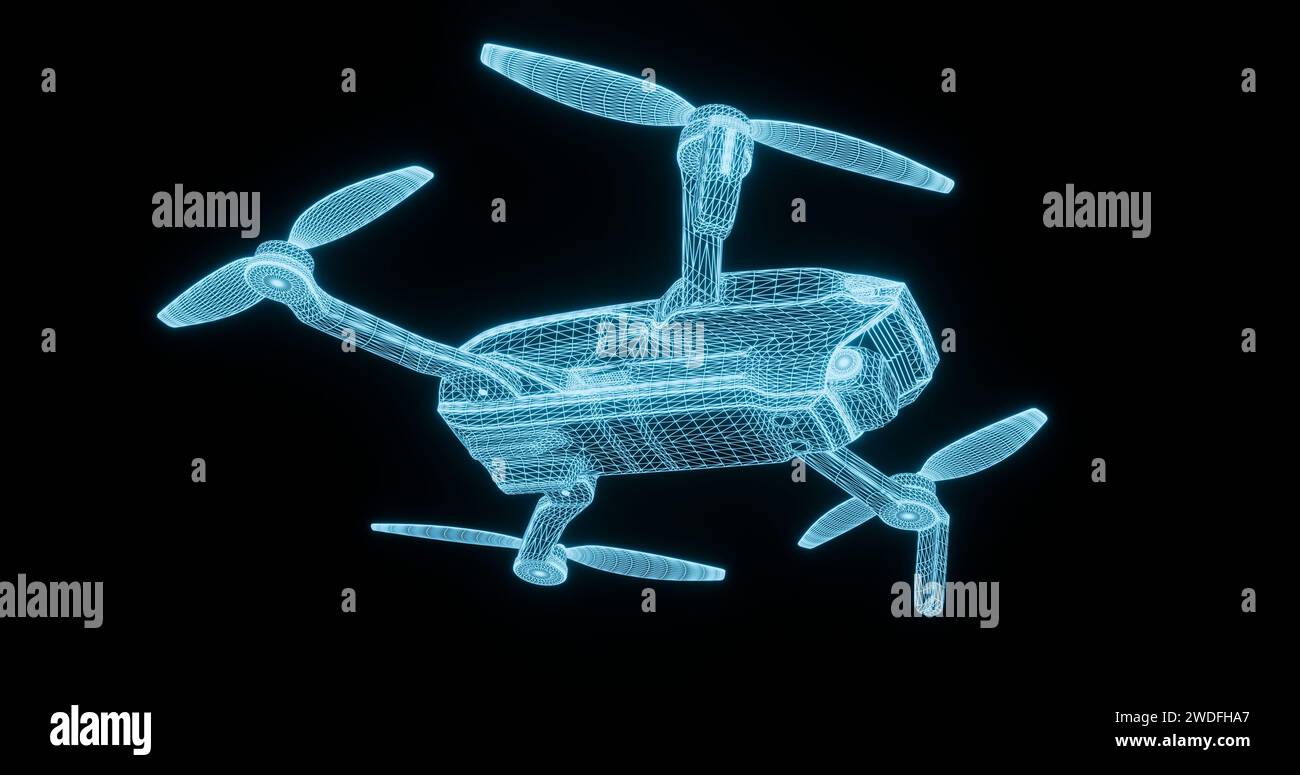 Drawing of a quadcopter drone in the form blue of a wireframe of ...