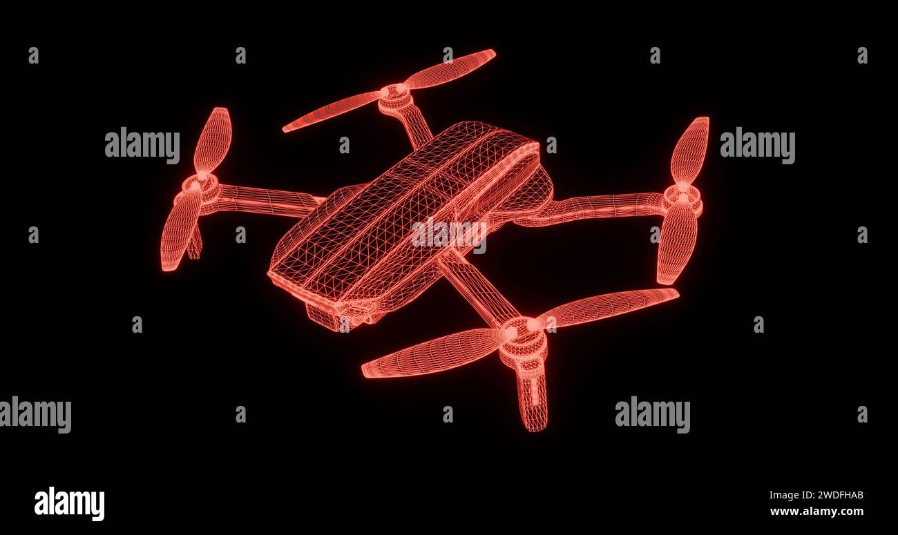 Drawing of a quadcopter drone in the form red of a wireframe of ...