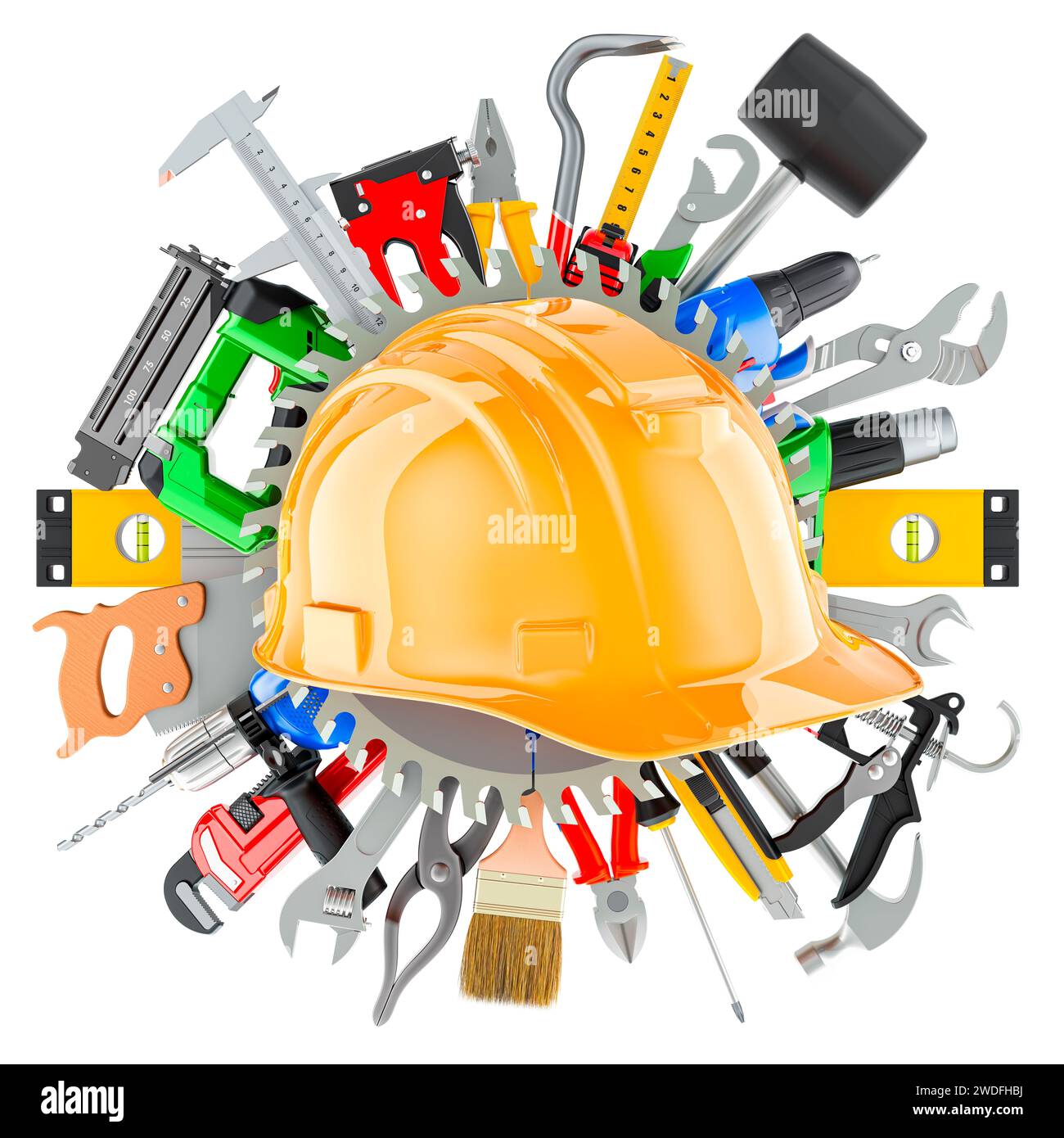 Construction Tools with orange hard hat. Assortment of work tools, 3D ...