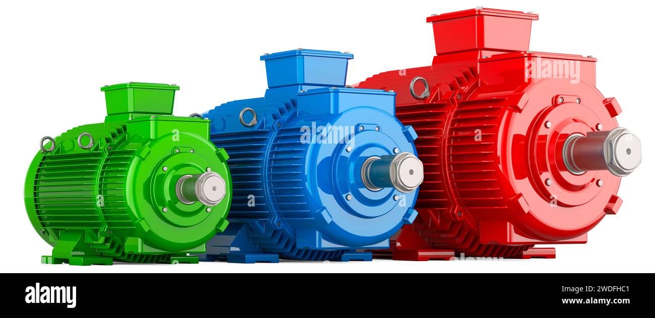 Colored industrial electric motors, different size. 3D rendering ...