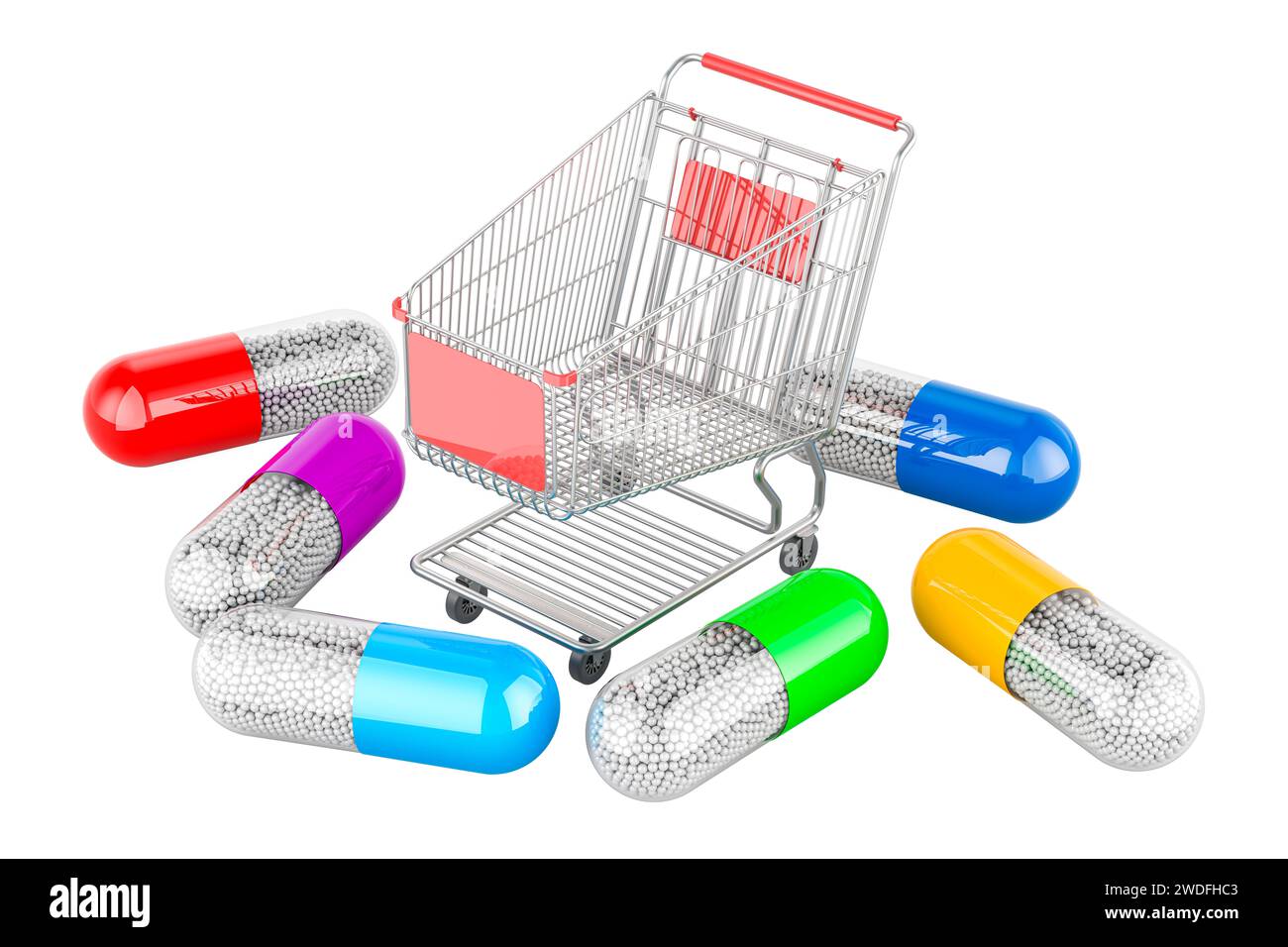 Shopping cart with medicament capsules, 3D rendering isolated on white ...
