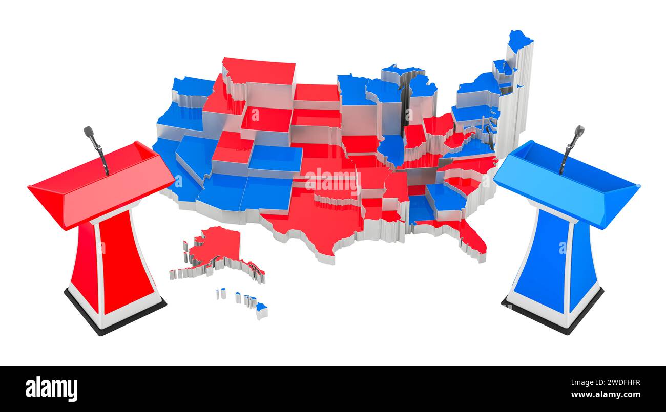 USA debate, concept with map of the US and tribunes. 3D rendering ...