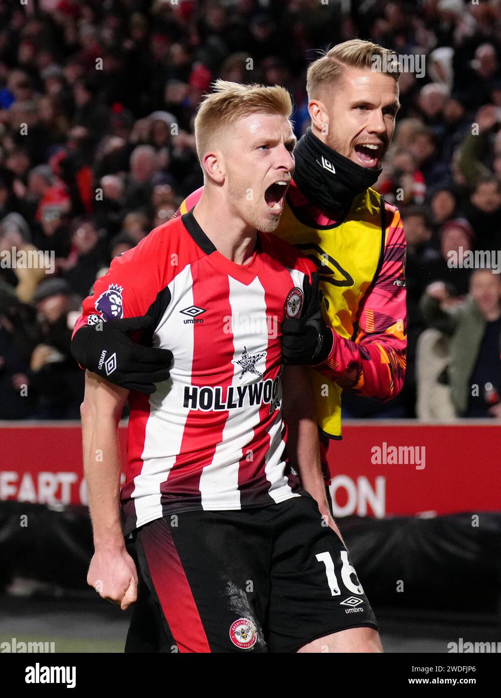 Brentford's Ben Mee (left) celebrates with Kristoffer Ajer after ...